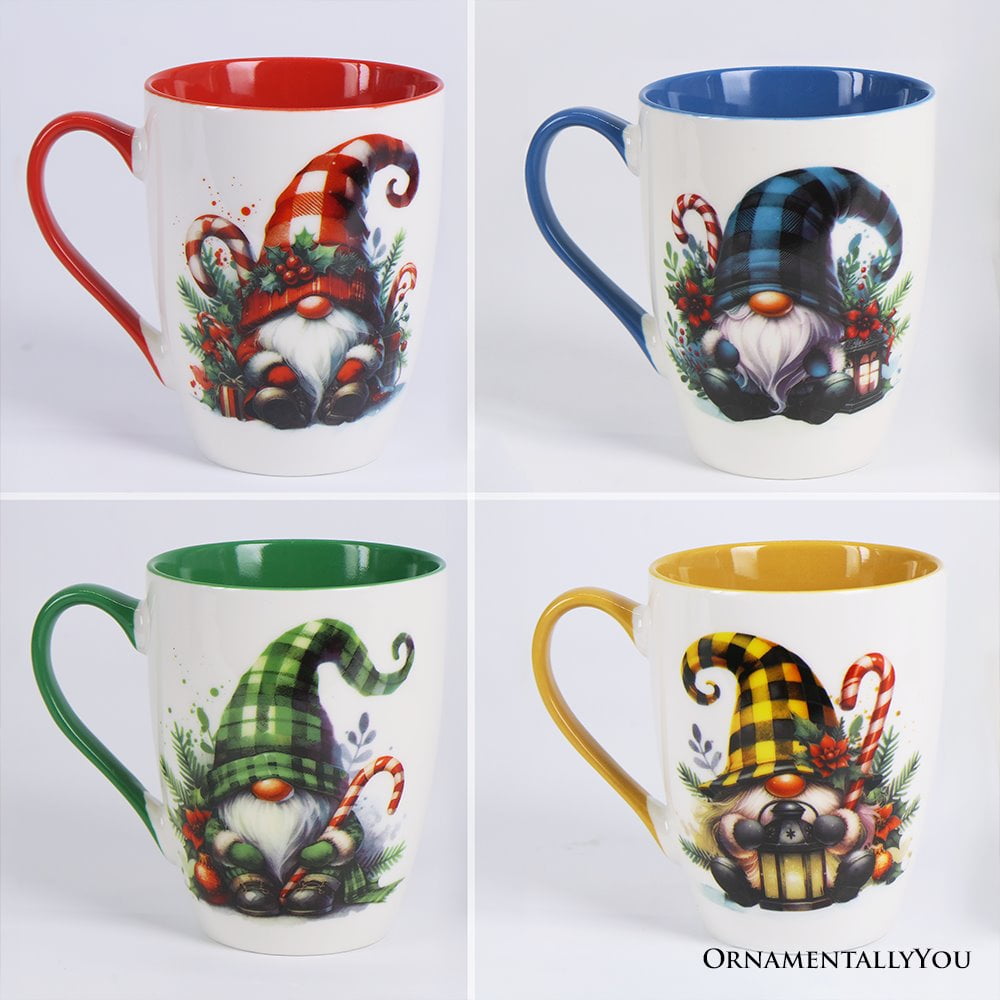 Cheerful Holiday Gnome Eclectic Ceramic Mug Set of 4, Christmas Coffee ...