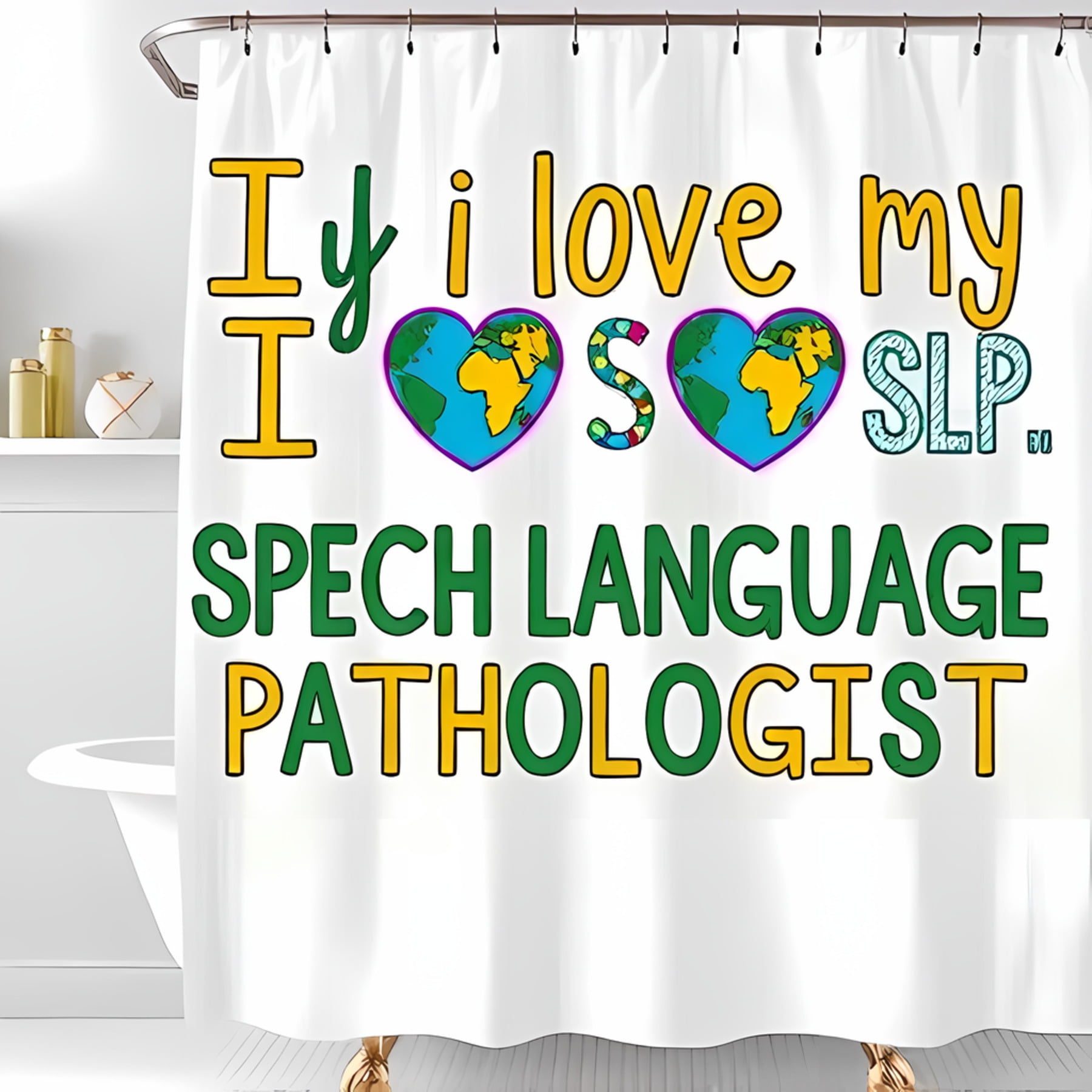 Cheerful 'I Love My SLP' Shower Curtain - Vibrant Design with Earth ...