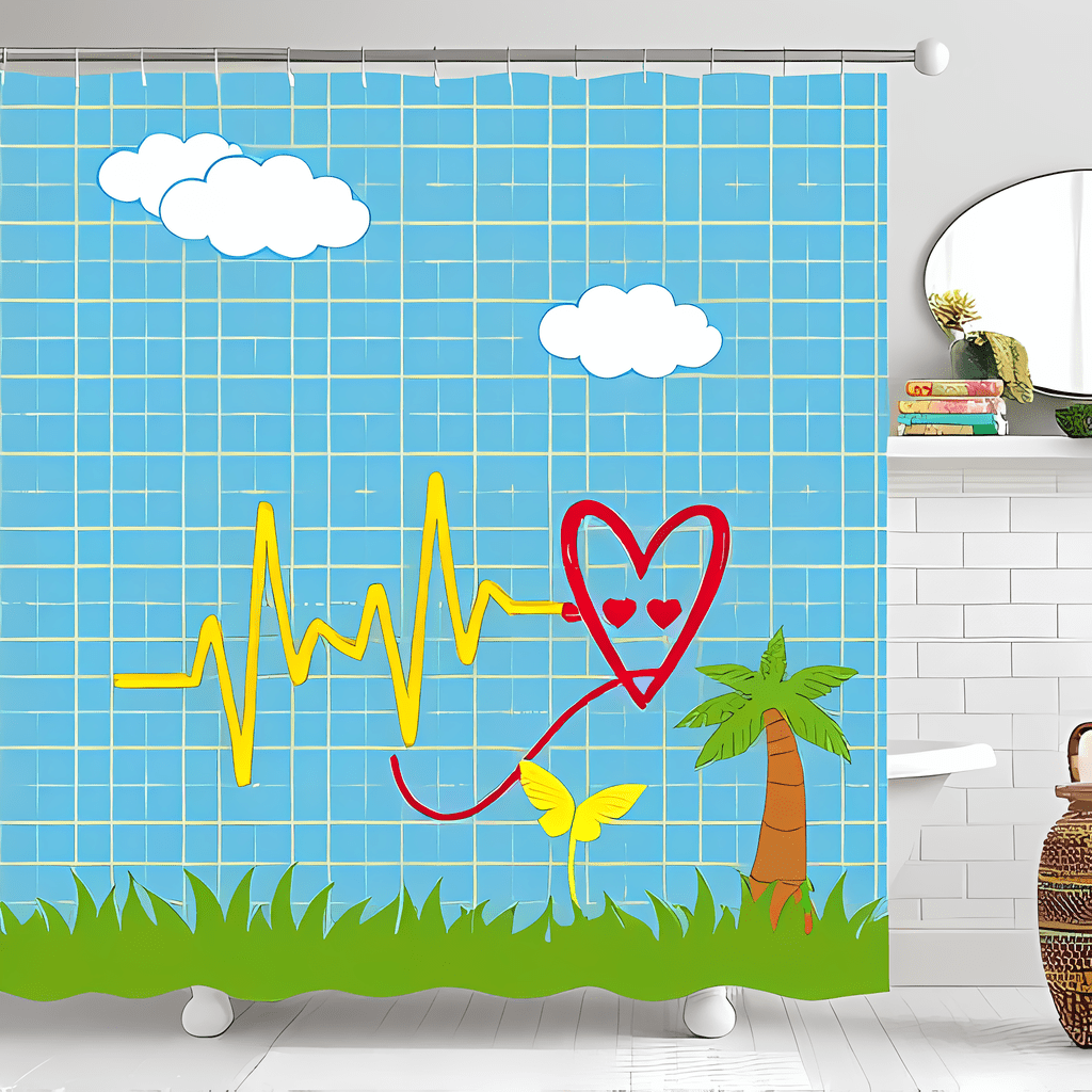 Cheerful Light Blue Shower Curtain with Heartbeat Design Butterfly ...