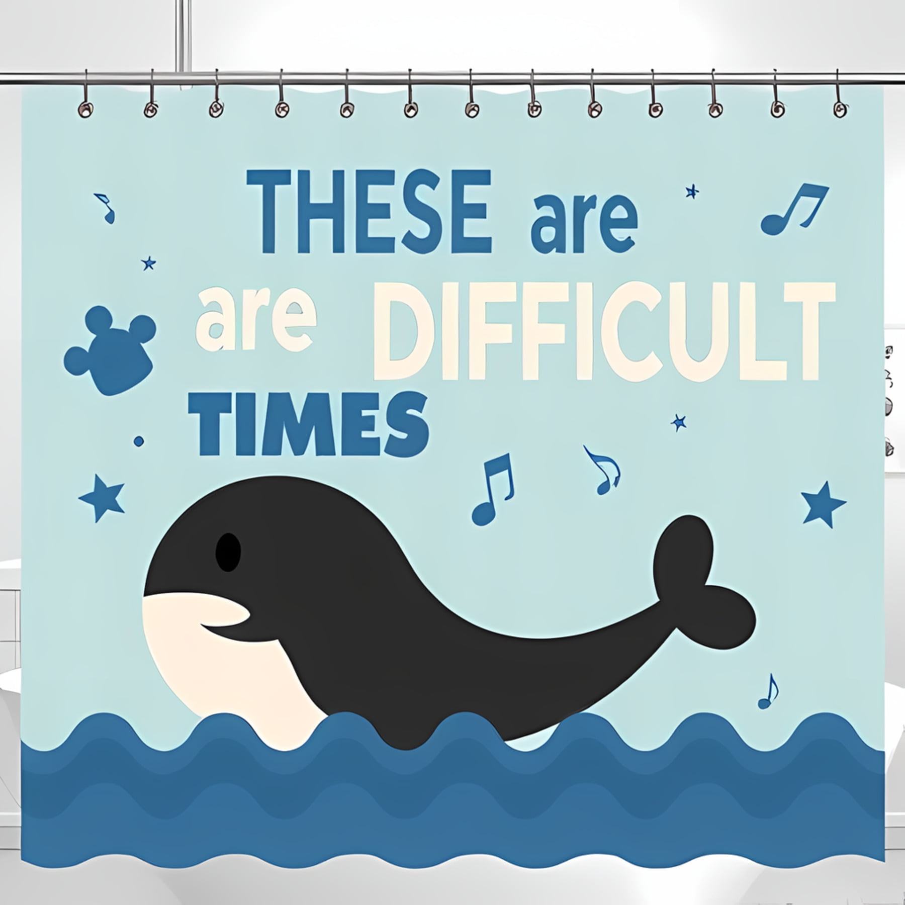Cheerful Light Blue Whale Shower Curtain with Whimsical Ocean Waves ...