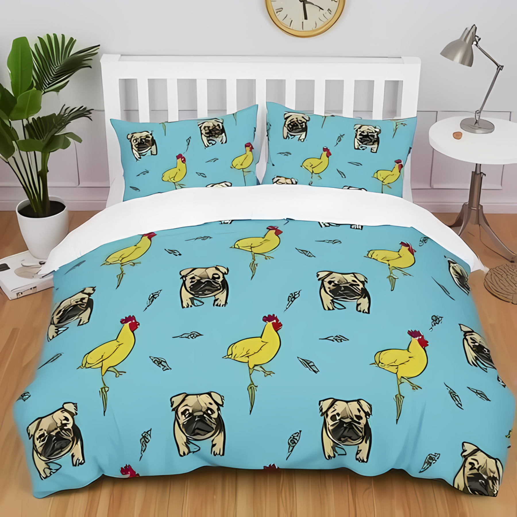 Cheerful Light Teal-Blue Pug & Chicken Pattern Bedding Set Comforter ...