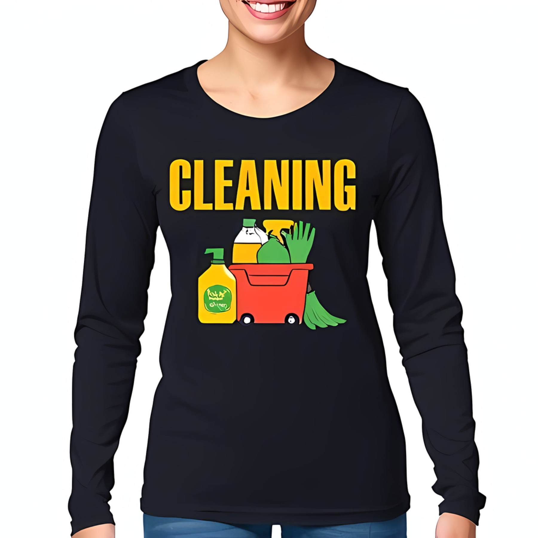 Cheerful Long Sleeve Black T-Shirt with Bold 'CLEANING' Graphic and ...