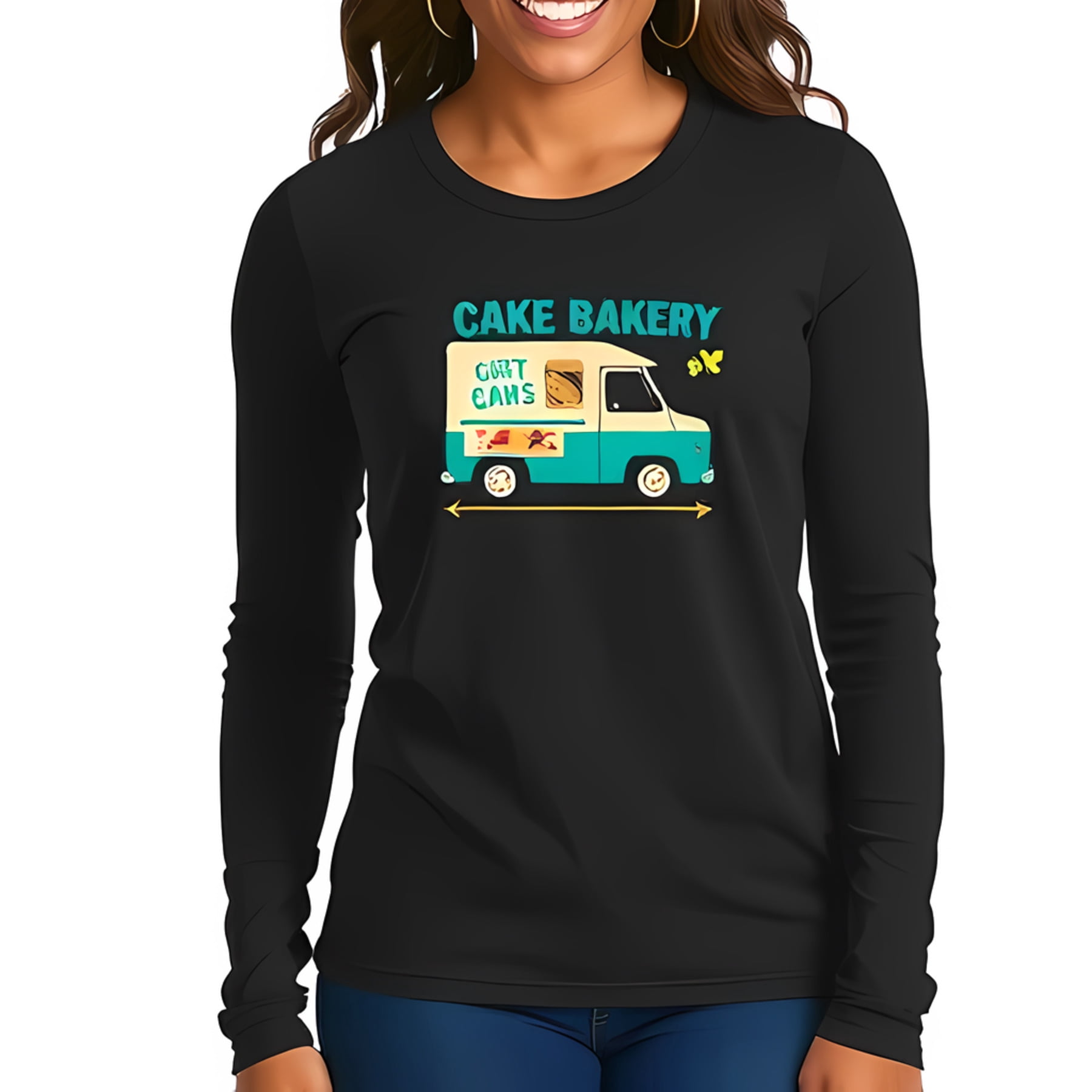 Cheerful Long Sleeve T-Shirt with Colorful Cake Bakery Truck Graphic ...