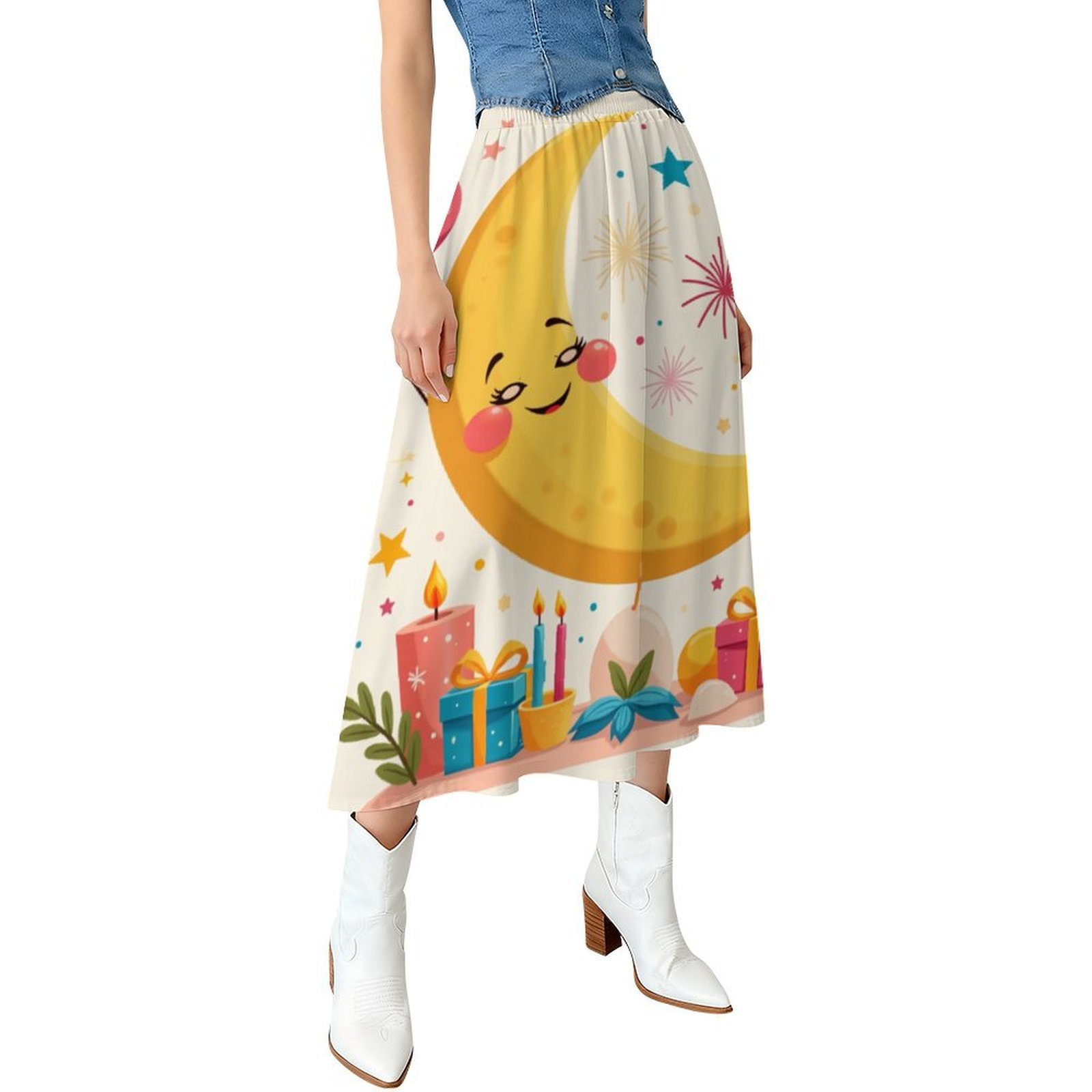 Cheerful Moon Celebrating with Gifts Women High Waist Midi Skirt ...
