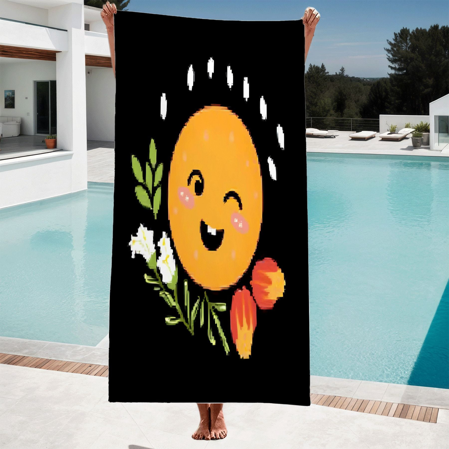 Cheerful Orange Circle Towel with Smiling Face Surrounded by Green ...