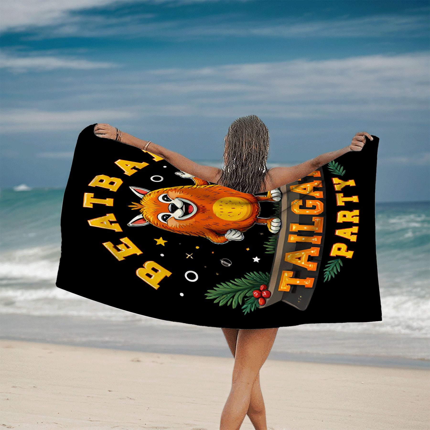 Cheerful Orange Creature Beach Towel - Fun Party Design with Stars Pine ...