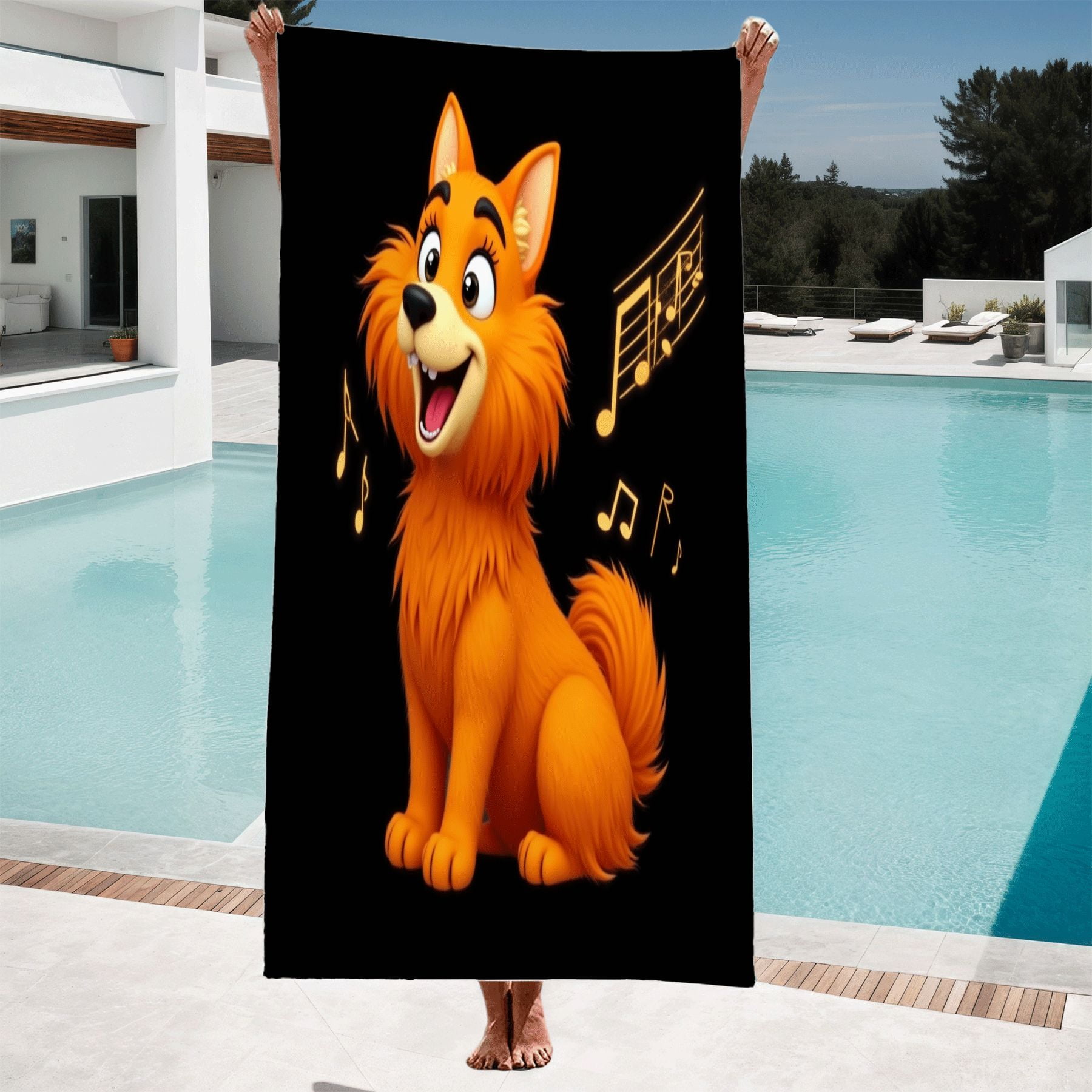 Cheerful Orange Dog Beach Towel - Fluffy Tail & Musical Notes Design ...