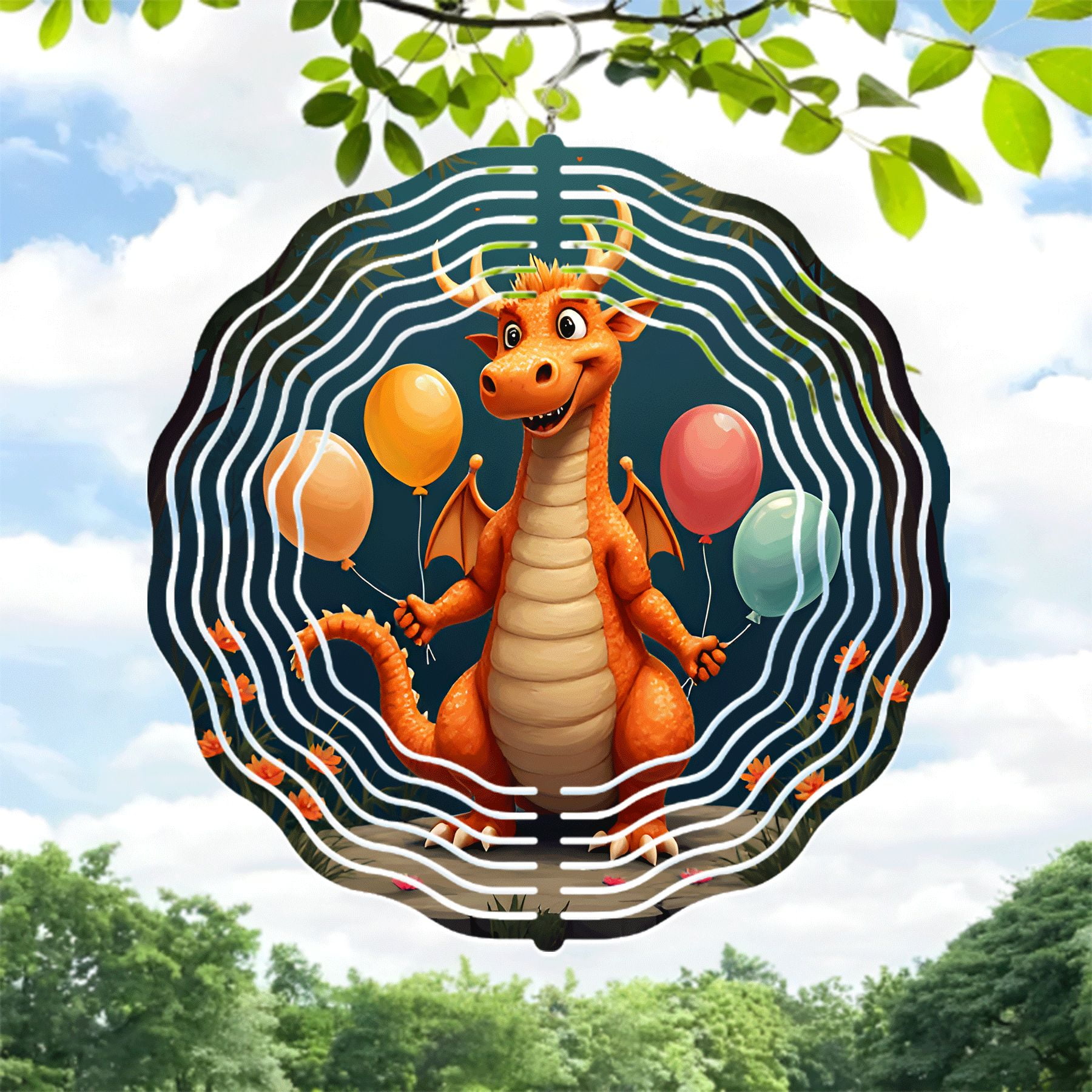 Cheerful Orange Dragon Metal Wind Spinner with Colorful Balloons - Vortex Design for Yard ...