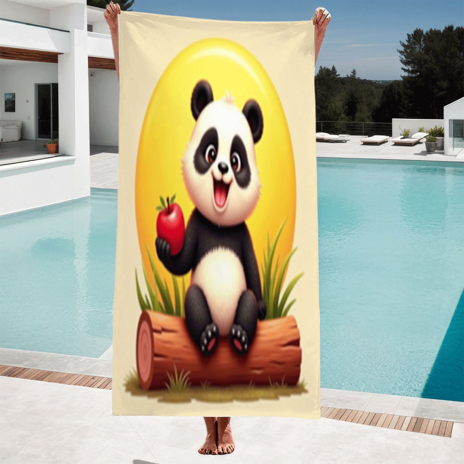 Cheerful Panda Beach Towel - Playful Design with Happy Panda Red Bright ...