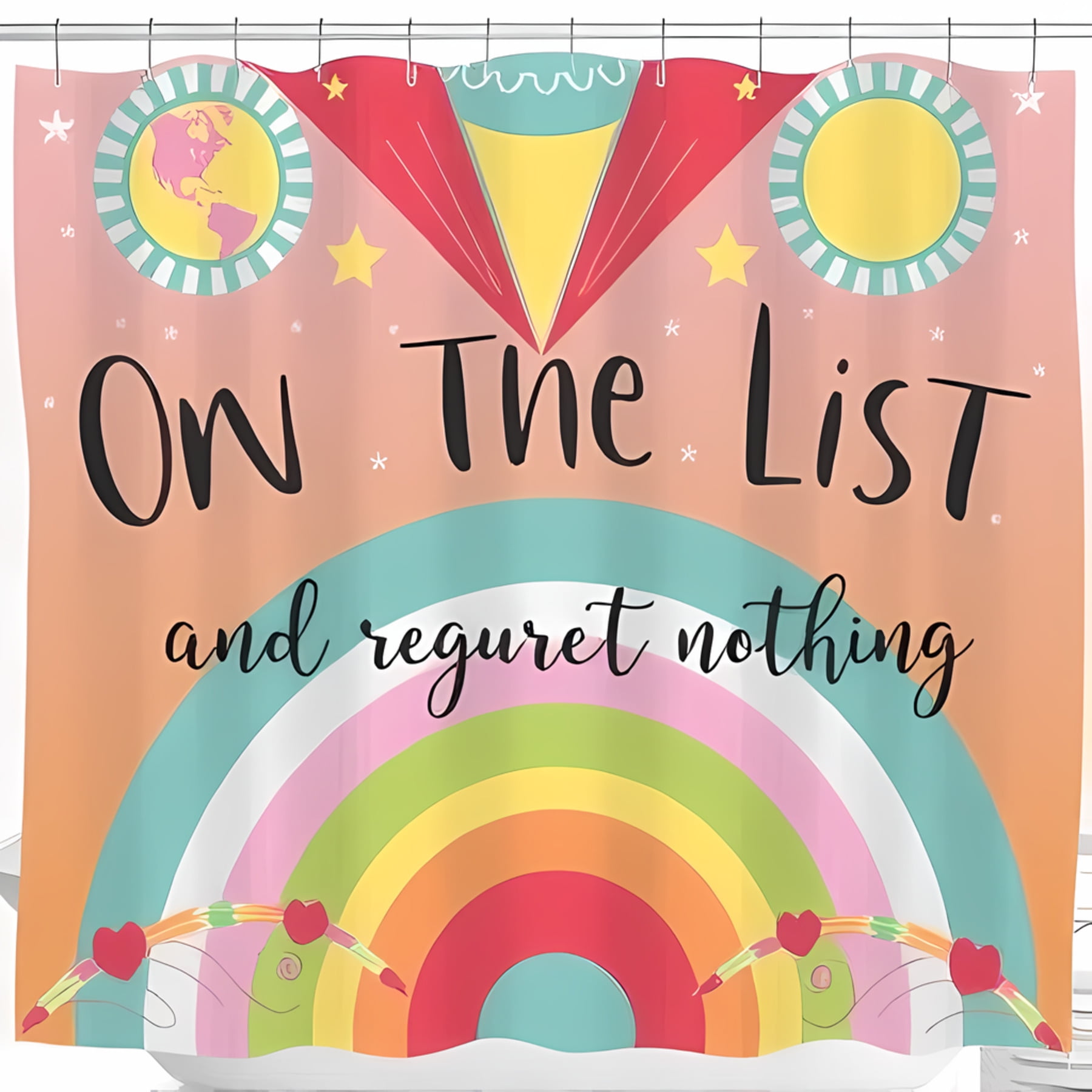 Cheerful Pastel Rainbow Shower Curtain with Motivational Quote " ON THE ...