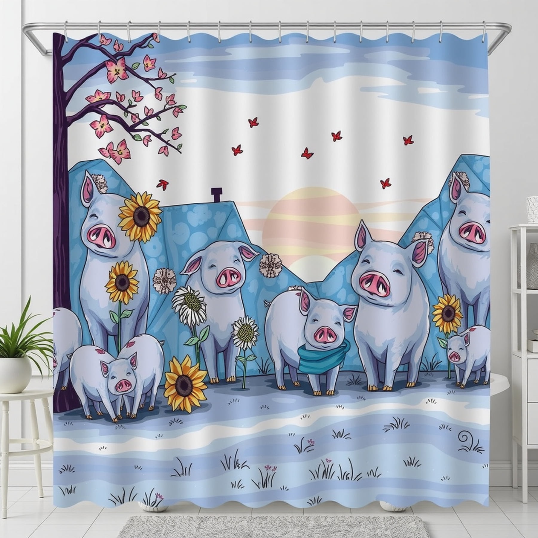 Cheerful Pig Shower Curtain - Whimsical Design with Smiling Pigs ...