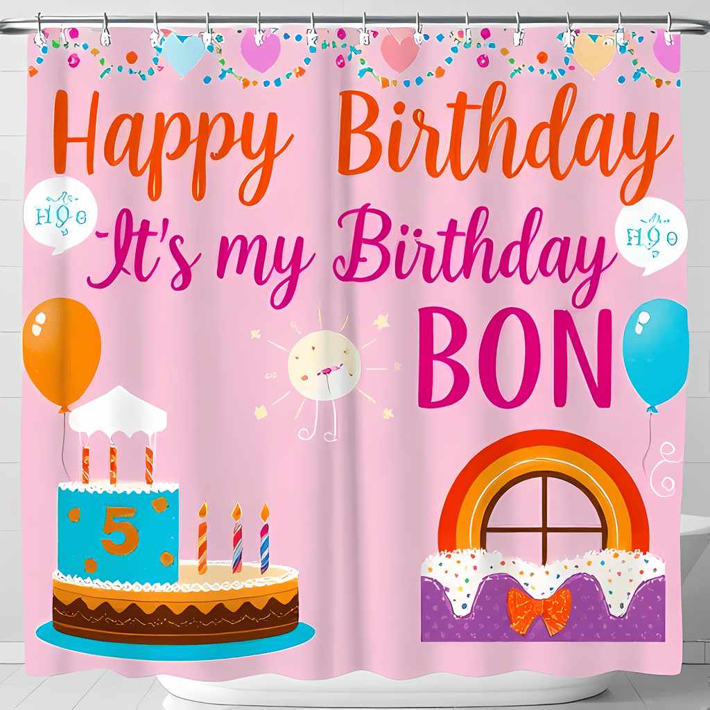 Cheerful Pink Birthday Shower Curtain "Happy Birthday Bon" Cake ...