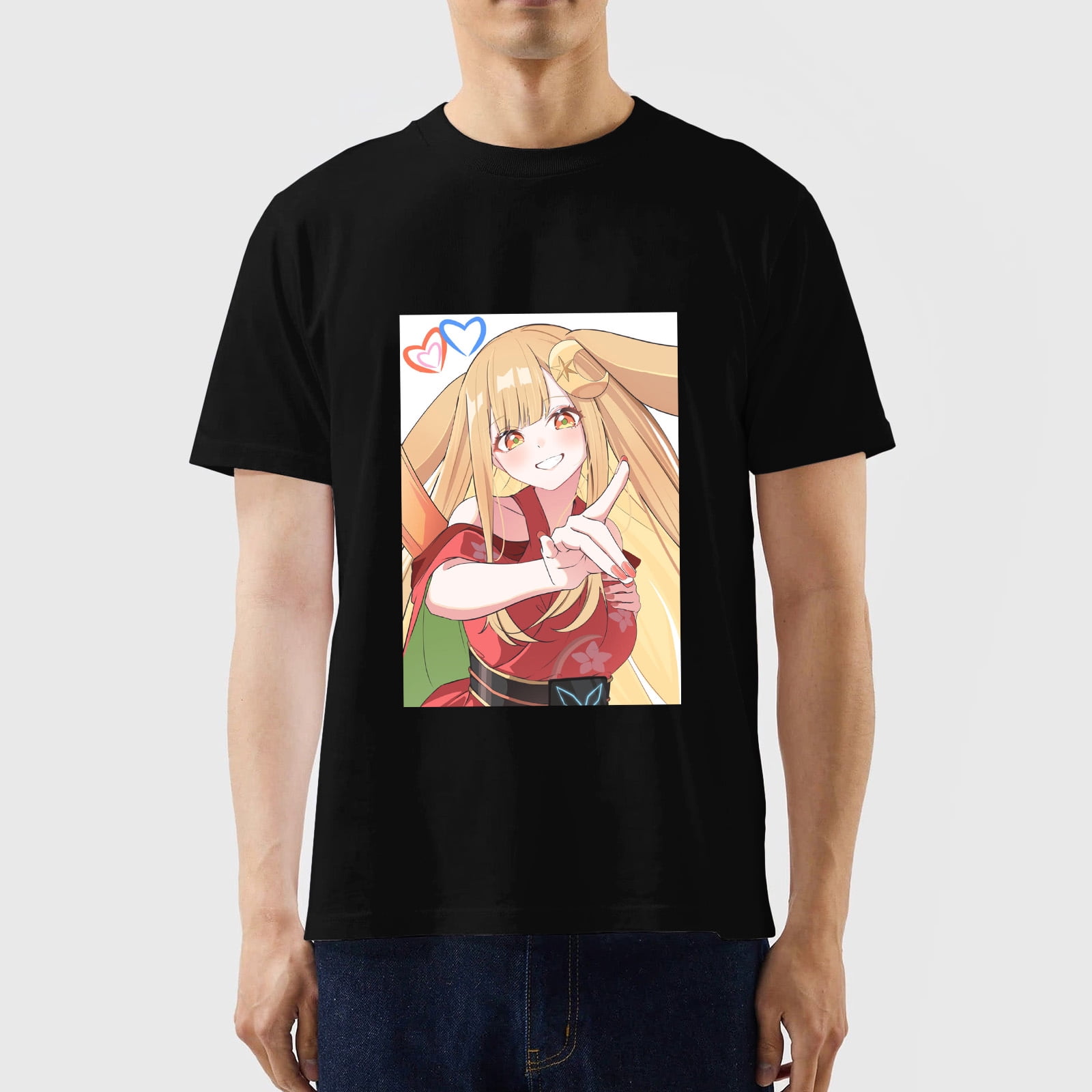 Cheerful Pop Kawaii Bunny Ears Anime Girl with Heart Sign Graphic Black ...