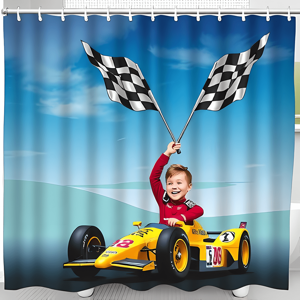 Cheerful Racing Boy Shower Curtain - Bright Yellow Race Car & Checkered ...