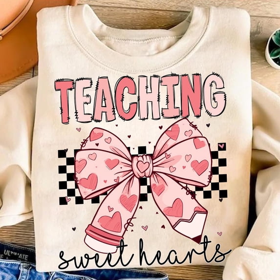 Cheerful Retro Glittery Teacher Valentine Bow Heart Pencil Design T ...