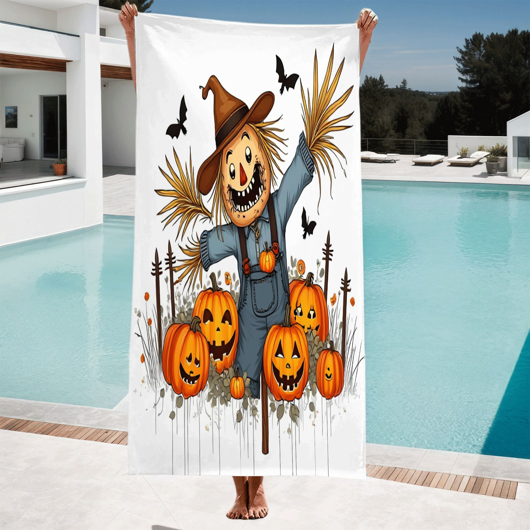 Cheerful Scarecrow Beach Towel - Blue Pumpkin Faces Bats Design ...
