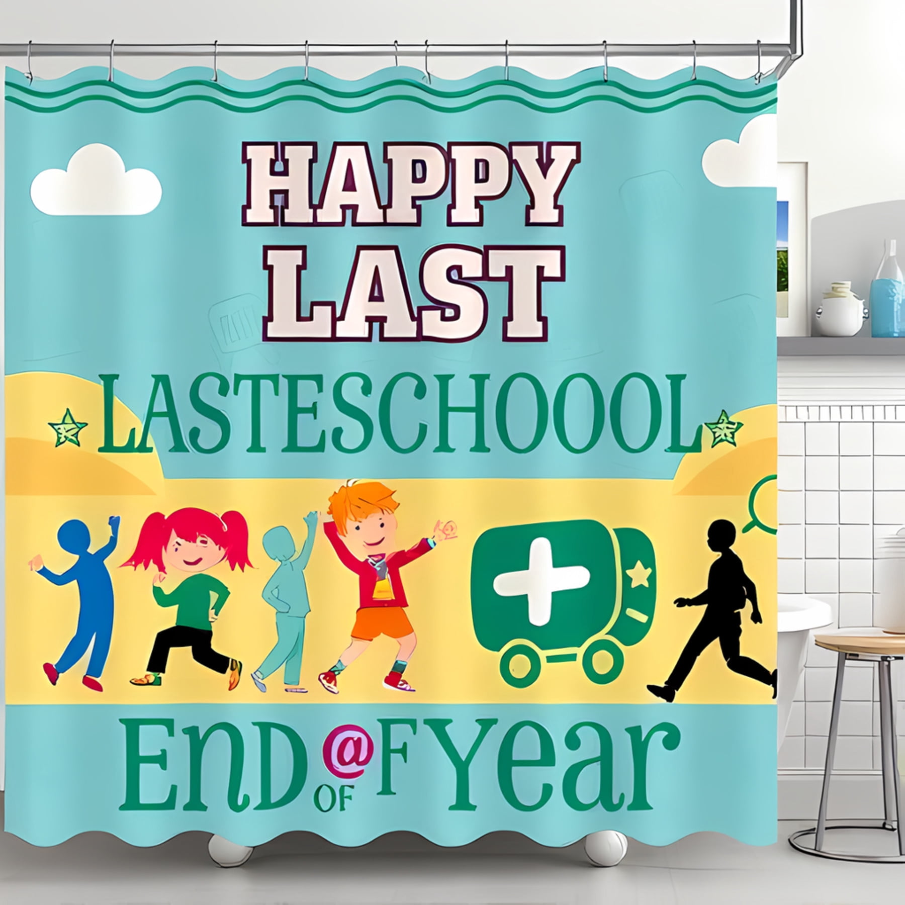 Cheerful Shower Curtain with Playful School Illustrations & 'Happy Last ...