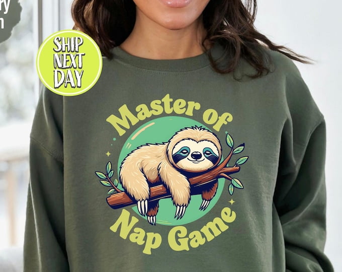 Cheerful Sloth Master Of The Nap Game Cartoon Sweatshirt, Lazy Animal ...