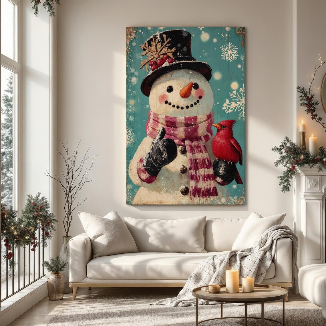 Cheerful Snowman And Red Cardinal Wall Art Festive Winter Scene Poster ...