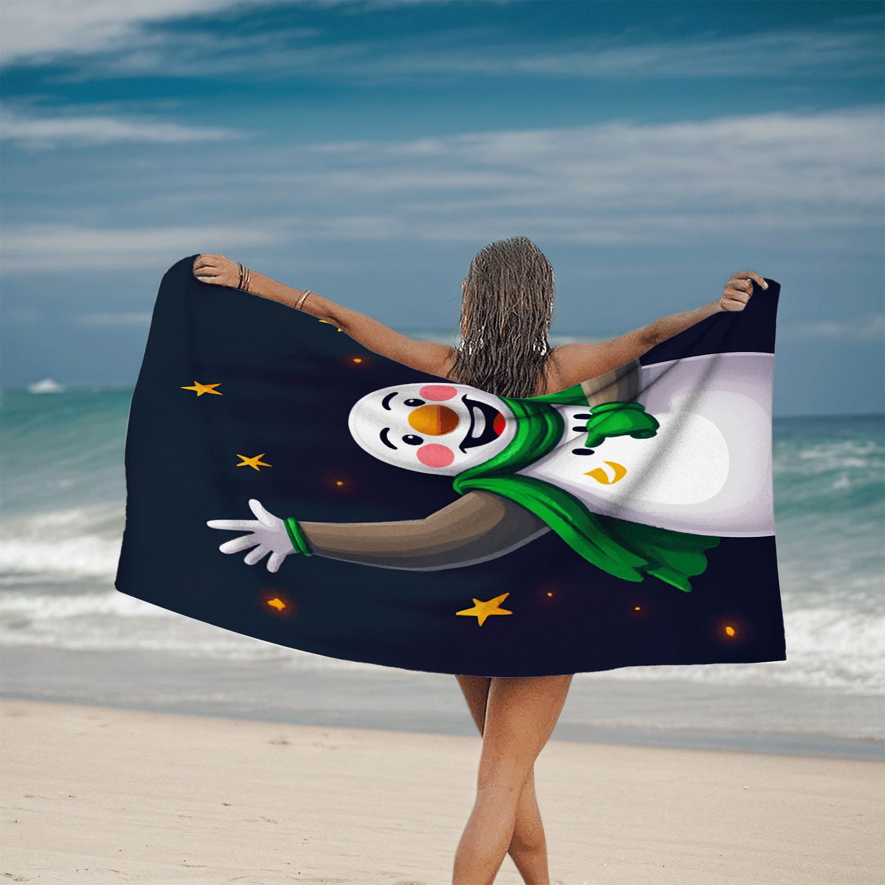 Cheerful Snowman Bath Towel - Festive Design with Waving Snowman Green ...