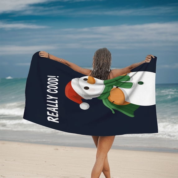 Cheerful Snowman Beach Towel - Festive Red Santa Hat & Green Scarf ...