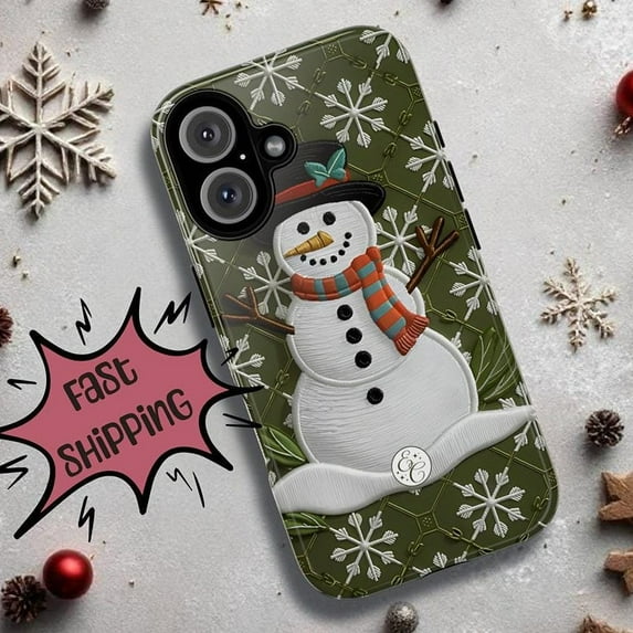 Cheerful Snowman Embroidery Tough Phone Case for iPhone 17 to 11 Pro ...