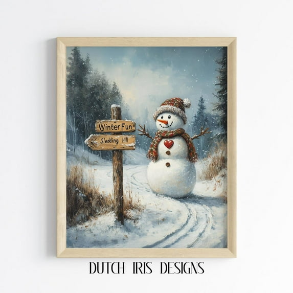 Cheerful Snowman In Winter Forest, Wall Art, Rusticdecor, Vintage ...