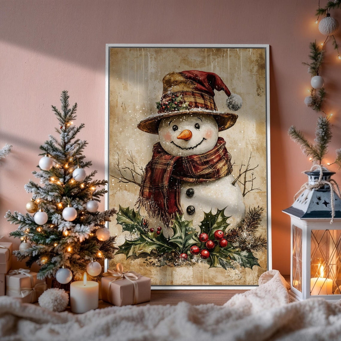 Cheerful Snowman Poster Holly Leaves Wall Art Festive Season Poster ...
