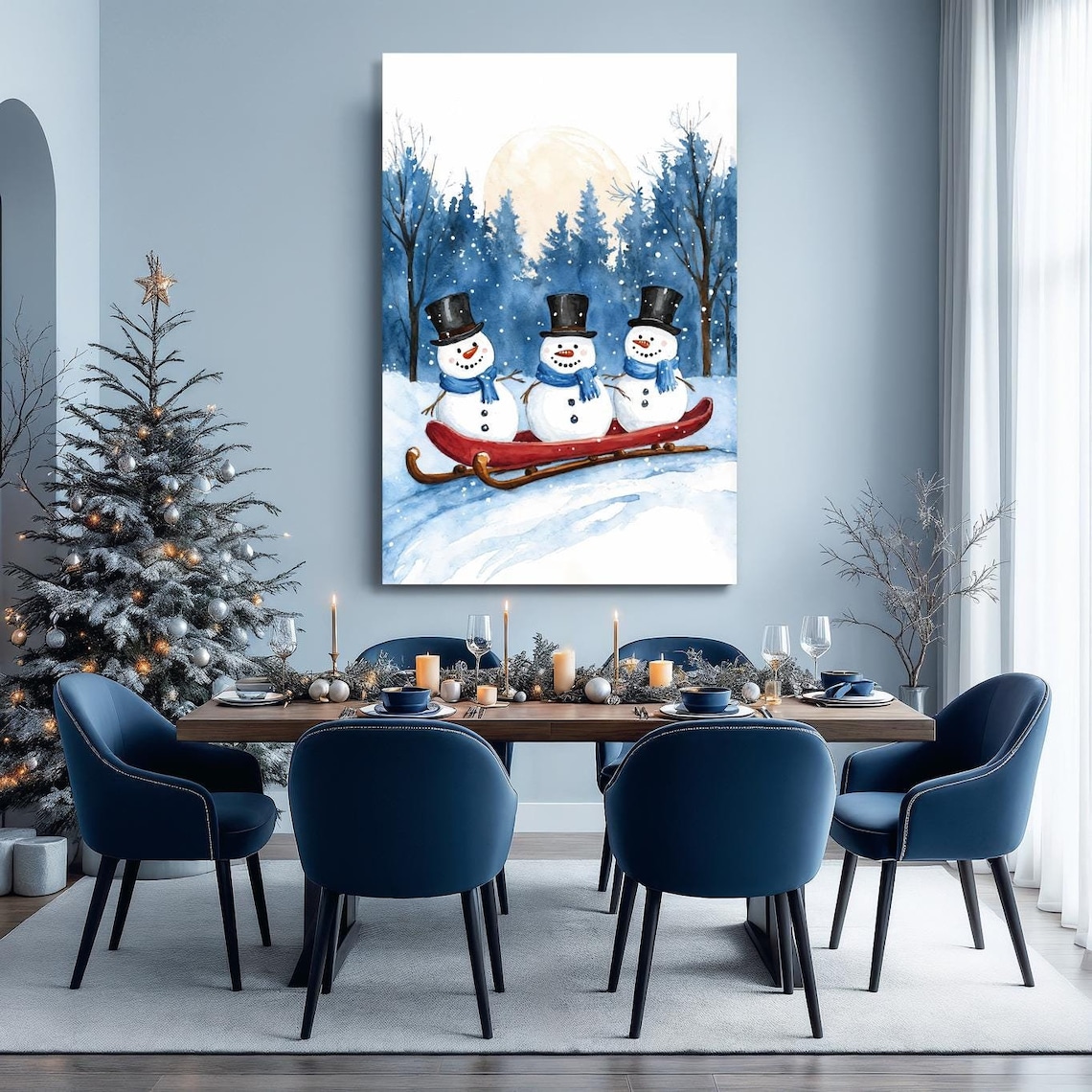 Cheerful Snowman Sledding Wall Art Winter Wonderland Poster Whimsical ...