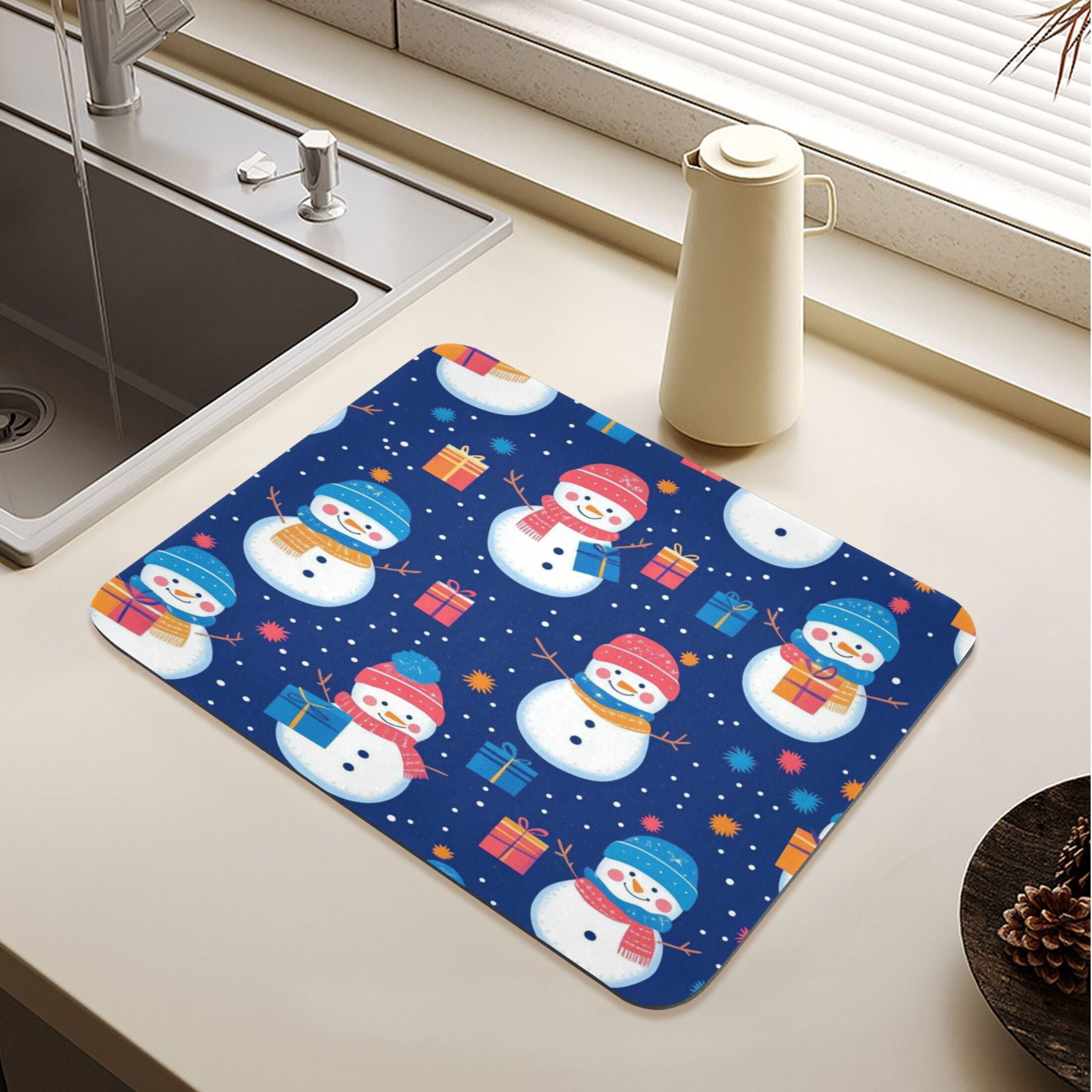 Cheerful Snowmen Gift Boxes Pattern Drying Mat Diatomaceous Earth Super ...