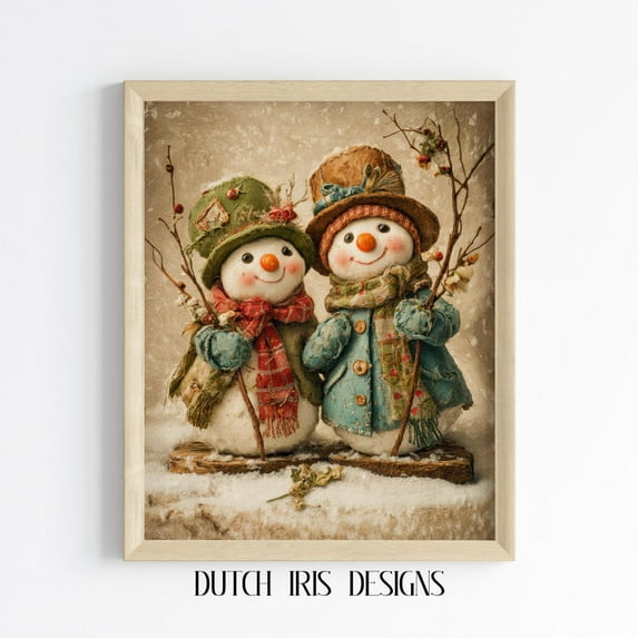 Cheerful Snowmen In Vintage Winter Scene, Wall Art, Rusticdecor, Cozy ...