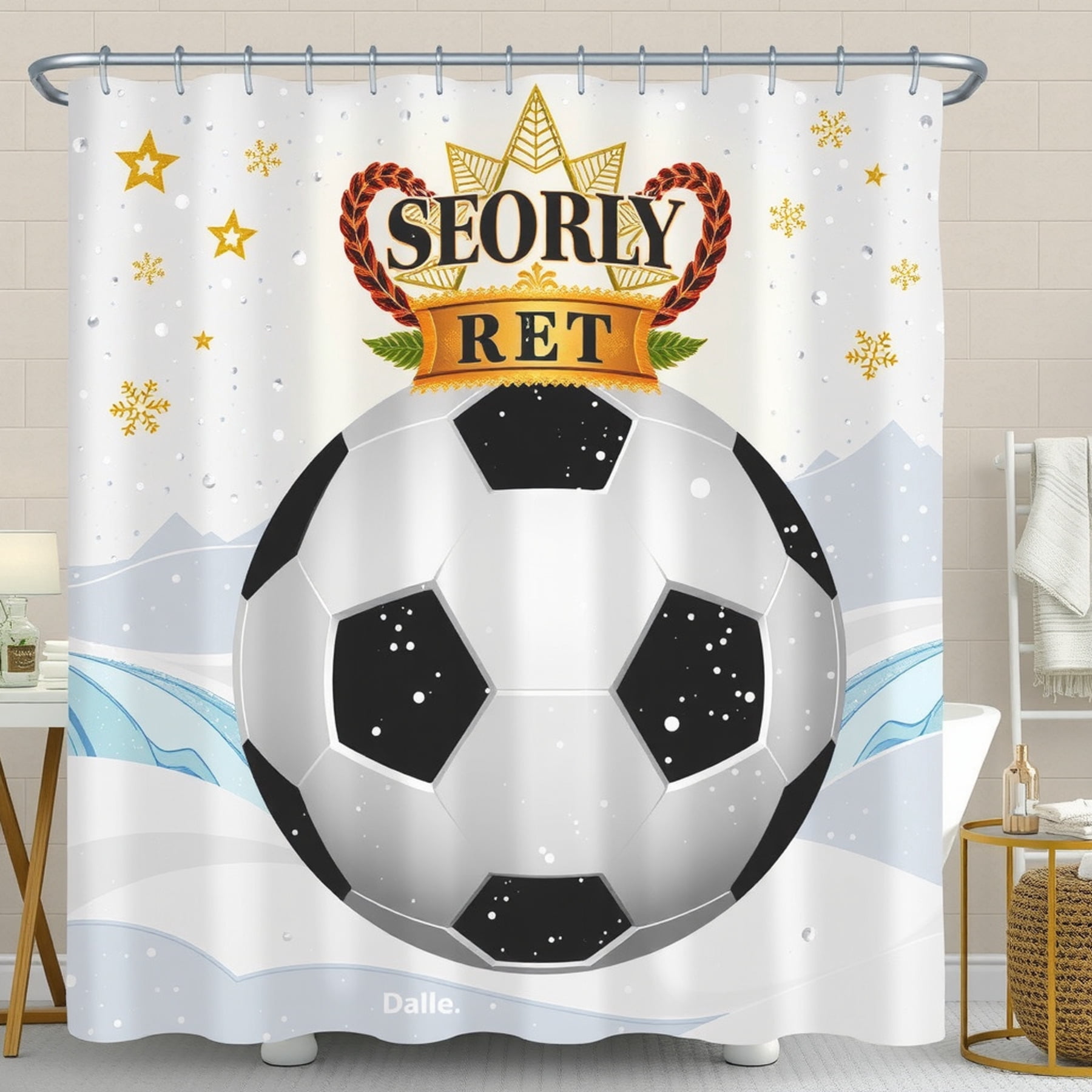 Cheerful Soccer Ball Shower Curtain with Snowy Landscape & Gold Stars ...