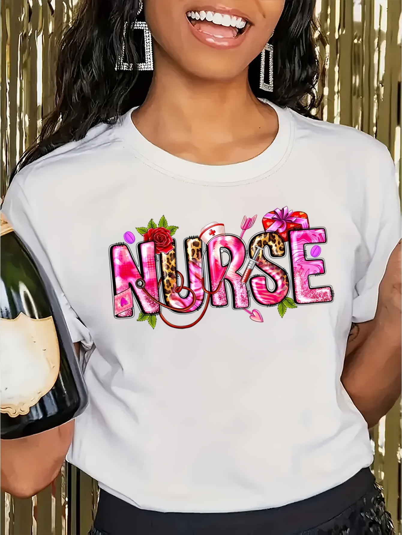 Cheerful Style| Vibrant "NURSE" Floral & Stethoscope Print T-Shirt - Casual Crew Neck, Short ...