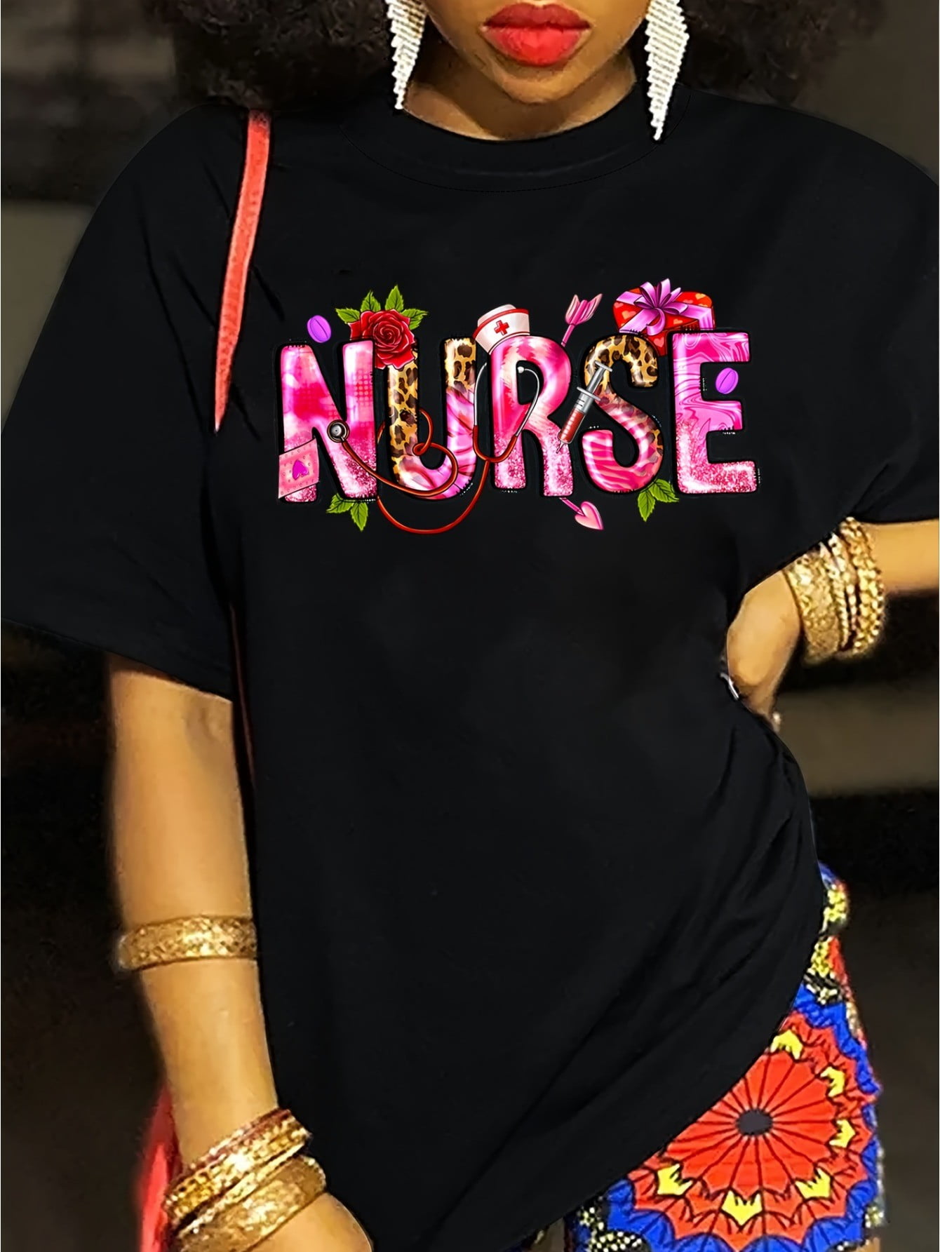 Cheerful Style| Vibrant "NURSE" Floral & Stethoscope Print T-Shirt ...