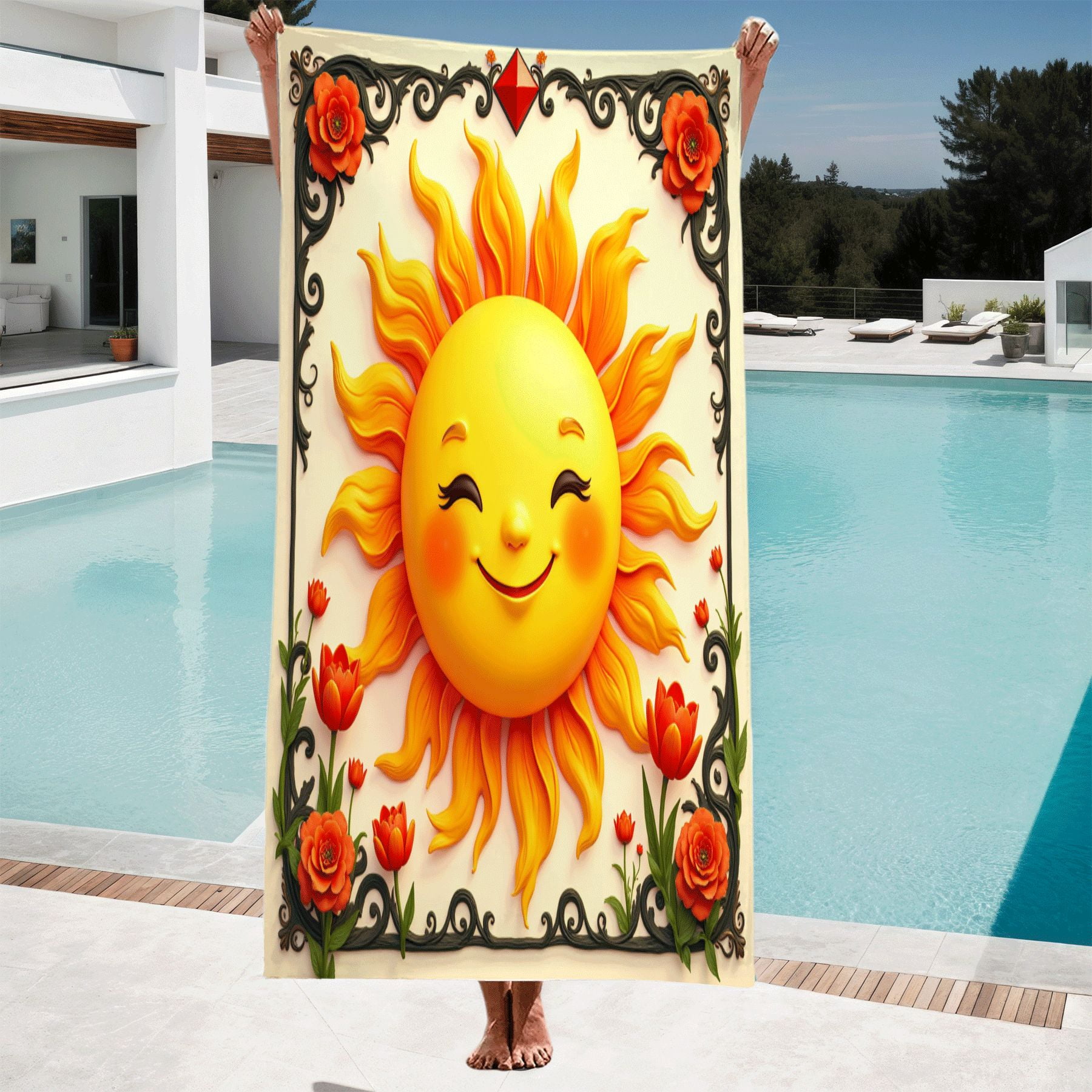 Cheerful Sun Beach Towel - Vibrant Floral Design with Smiling Sun ...