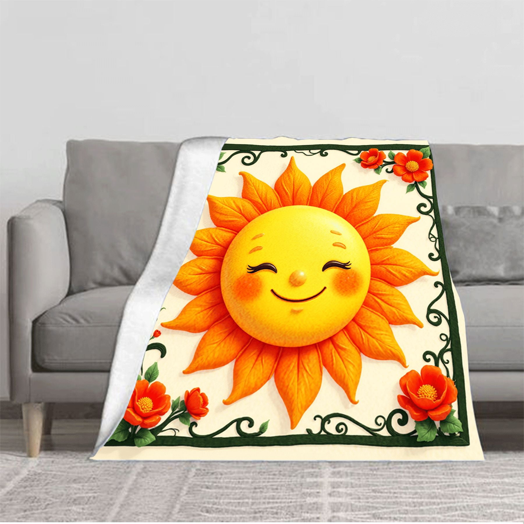 Cheerful Sun & Floral Pattern Flannel Blanket - Soft Warm & Cozy for ...