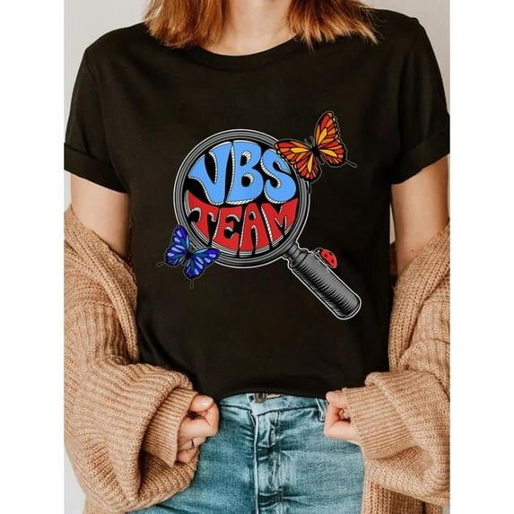 Cheerful VBS Team Themed Graphic Tee, Tops Has "VBS TEAM" & Magnifying ...
