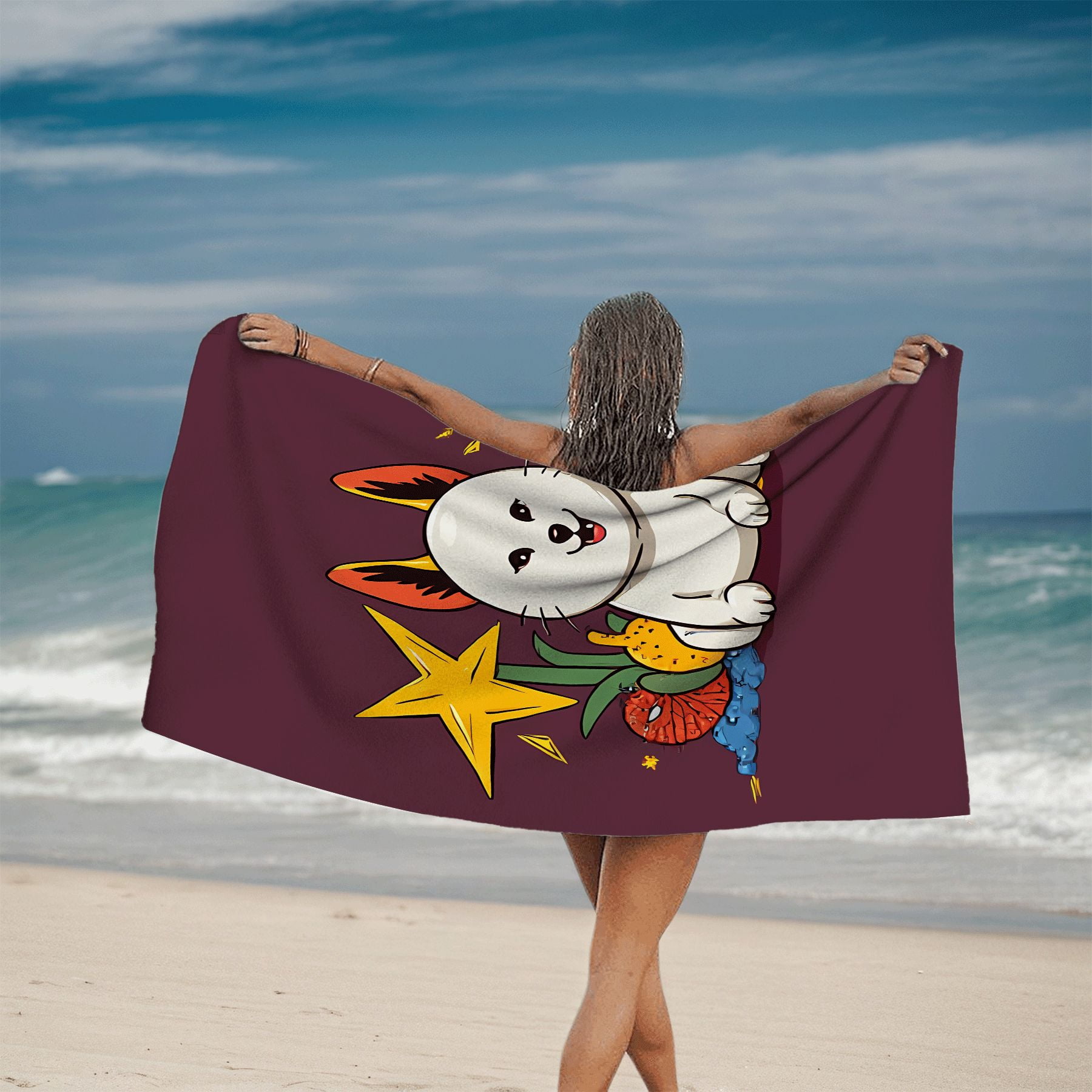 Cheerful White Rabbit Beach Towel - Playful Design with Orange Ears ...