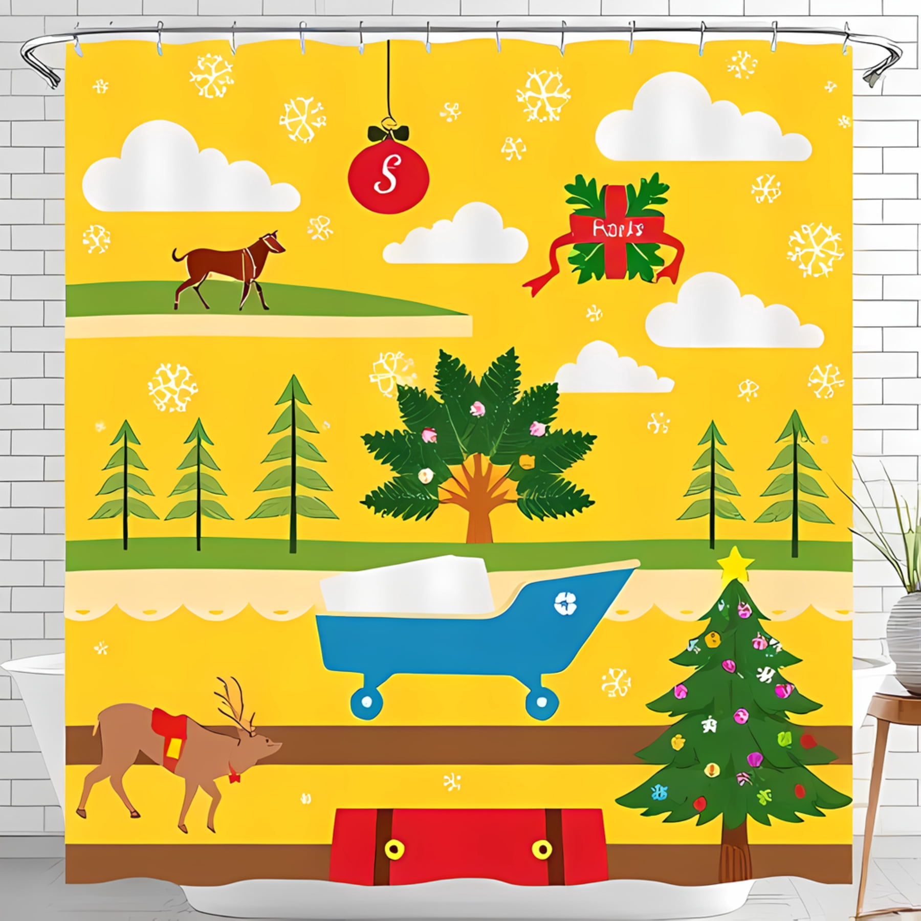 Cheerful Yellow Christmas Shower Curtain with Whimsical Reindeer Sleigh ...