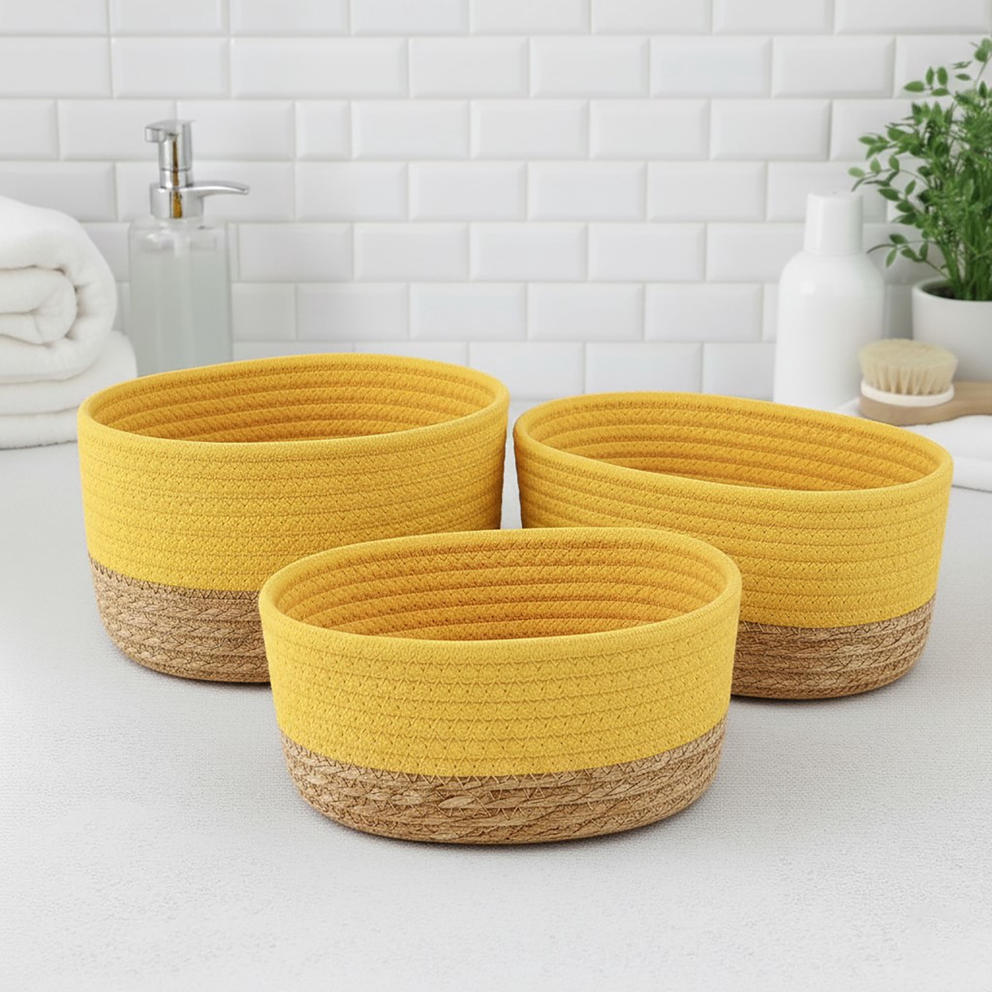 Evideco Yellow Cotton Storage Baskets, Stackable Set of 3, Room ...