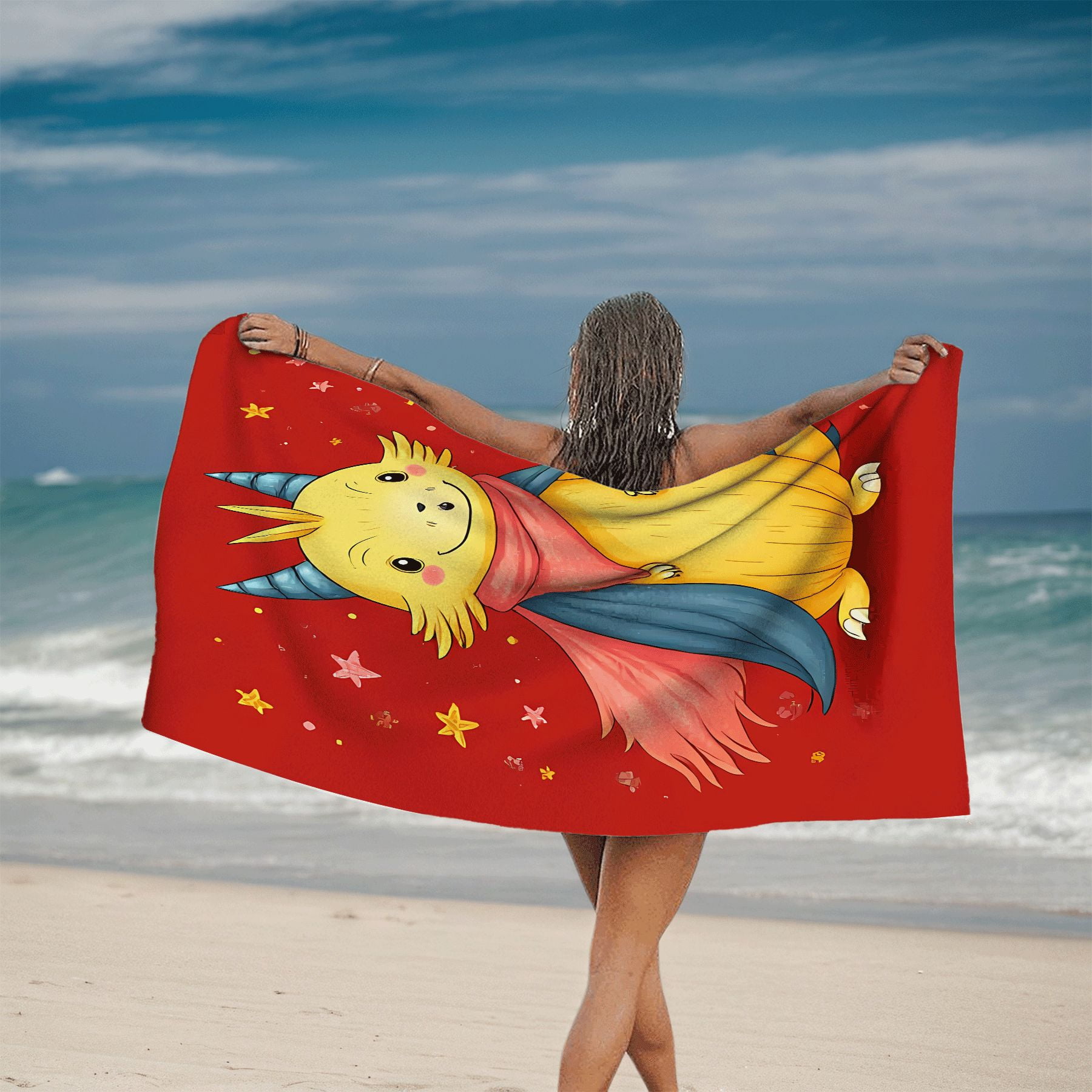 Cheerful Yellow Creature Beach Towel - Fun Design with Blue Horns Pink ...