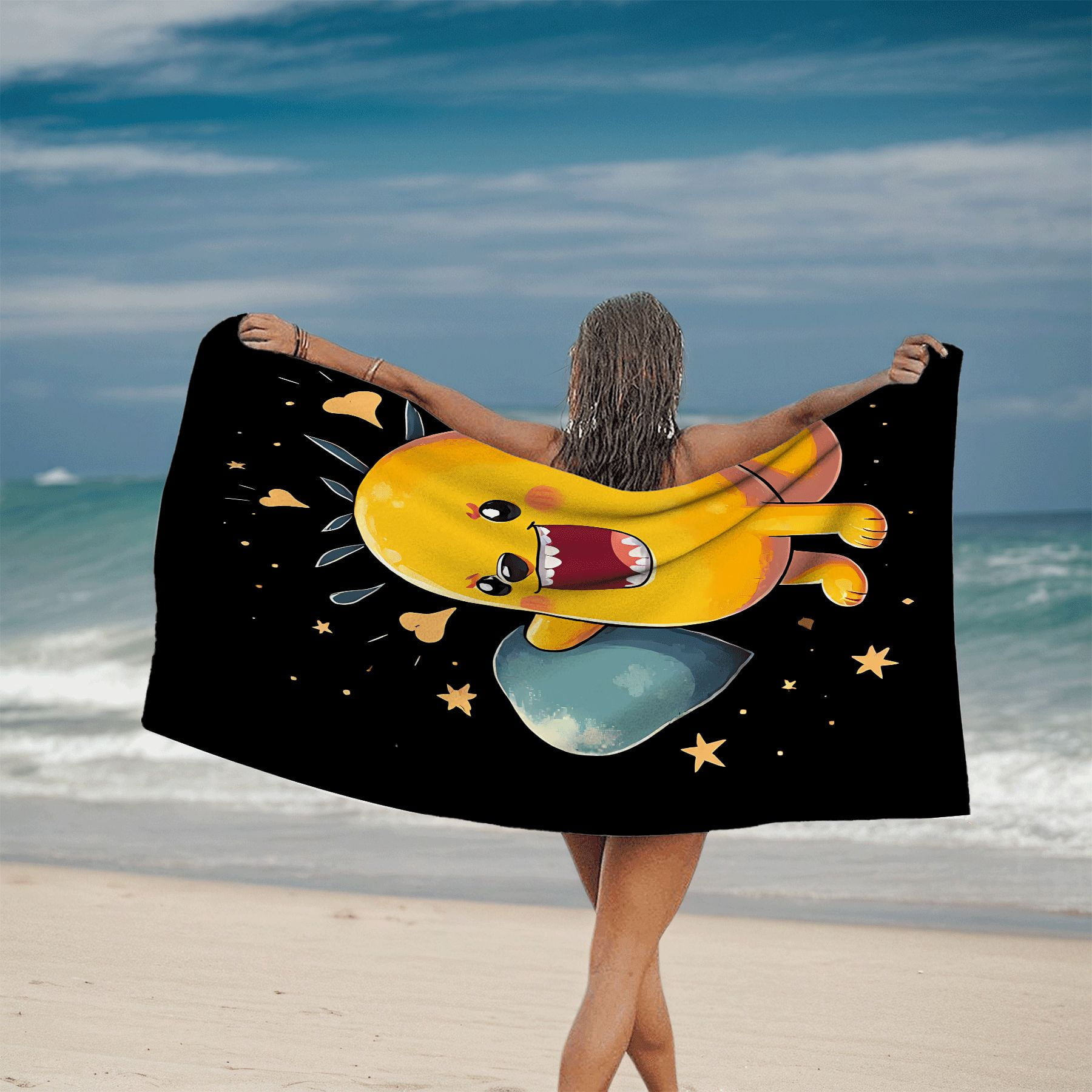 Cheerful Yellow Creature Beach Towel - Playful Design with Smiling Face ...
