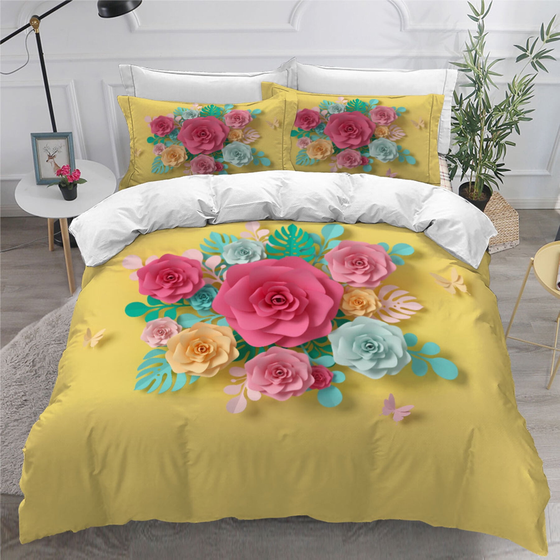Cheerful Yellow Duvet Cover Set with Pastel Paper Roses & Teal Leaves ...