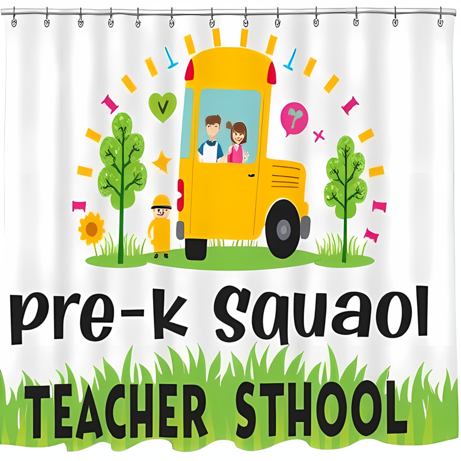 Cheerful Yellow School Bus Shower Curtain with Happy Teacher Whimsical ...