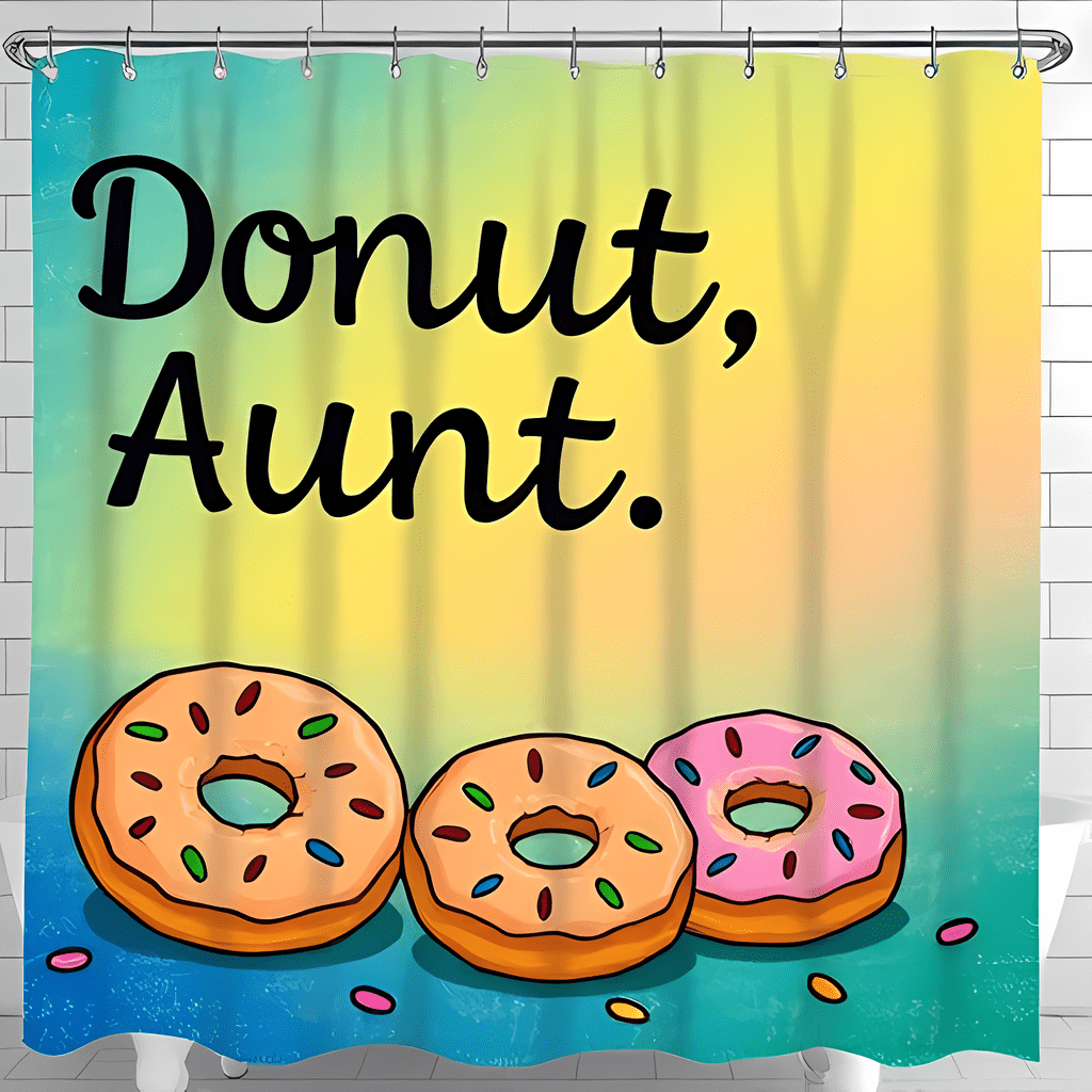 Cheerful Yellow & Teal Gradient Shower Curtain with Playful 'Donut Aunt' Phrase & Colorful ...