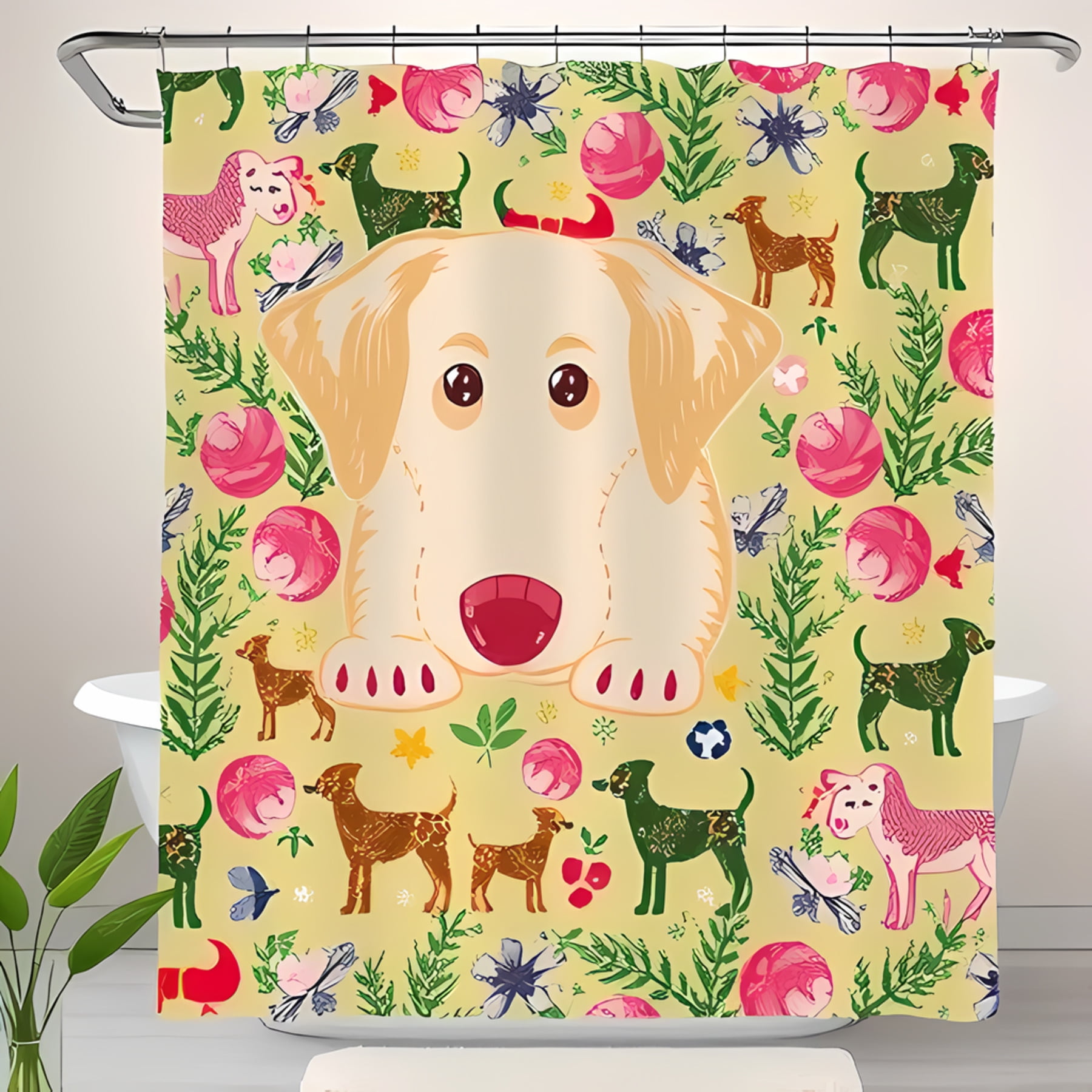 CheerfulDog-Themed Shower Curtain with Playful Illustrations of Dogs ...