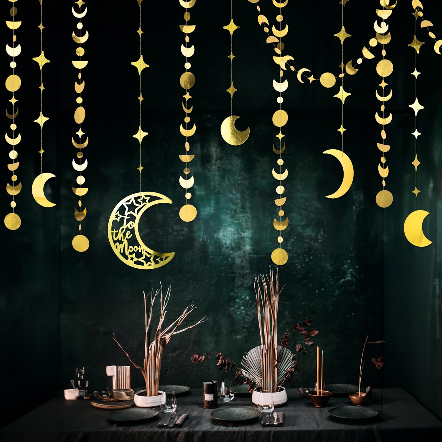 Cheerland Bohemian Moon Phase Hanging Garland, Gold Star Moon Banner ...
