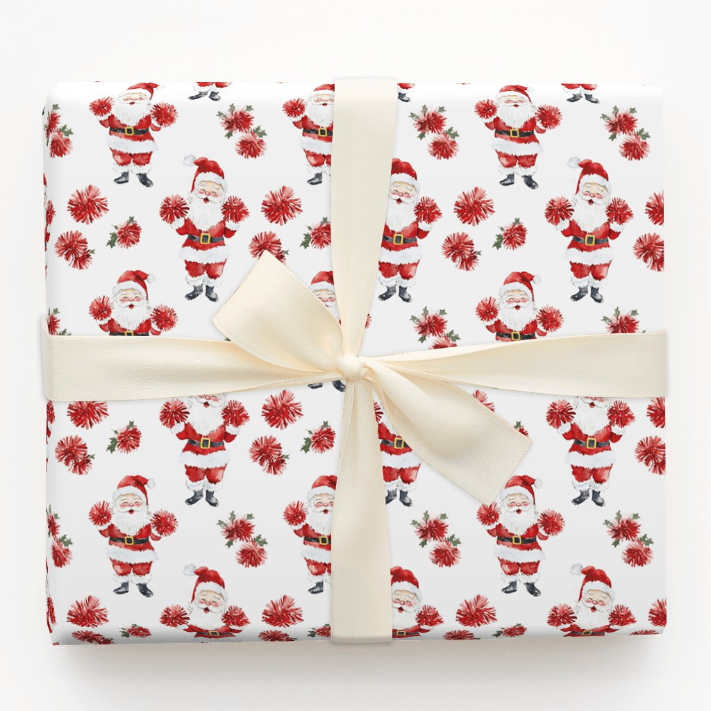 Cheerleader Santa Claus with Red Pom Poms Christmas Gift Wrapping Paper ...