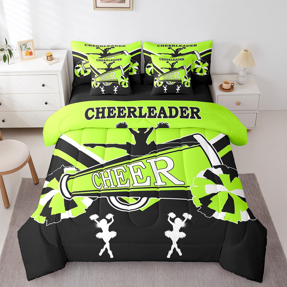 Cheerleading Bed in a Bag 7pcs Cute Cheerleader Bedding Set, Black and ...