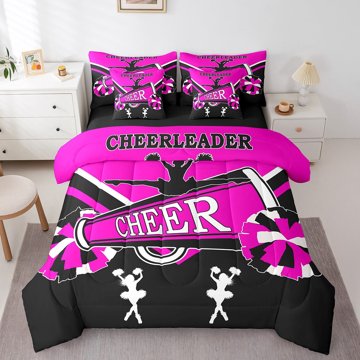 Cheerleading Bed in a Bag 7pcs Cute Cheerleader Bedding Set, Black and ...
